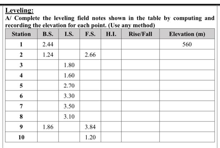 Solved Leveling: A/ Complete the leveling field notes shown | Chegg.com