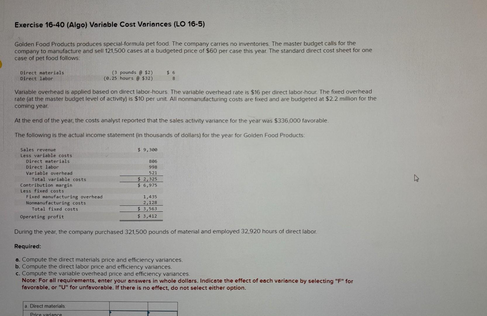 Solved Exercise 16-40 (Algo) Variable Cost Variances (LO | Chegg.com