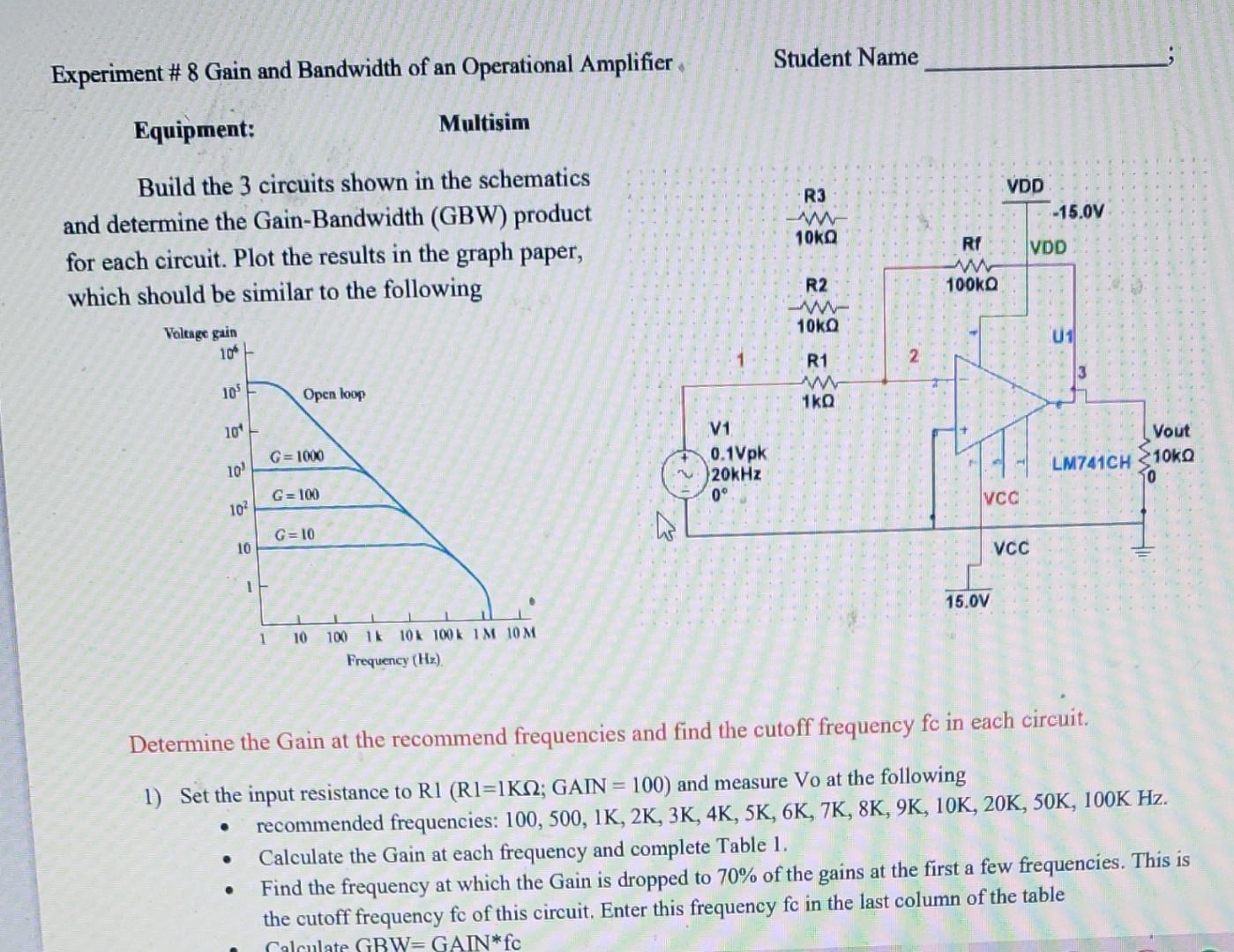 Solved Experiment \# 8 Gain and Bandwidth of an Operational | Chegg.com