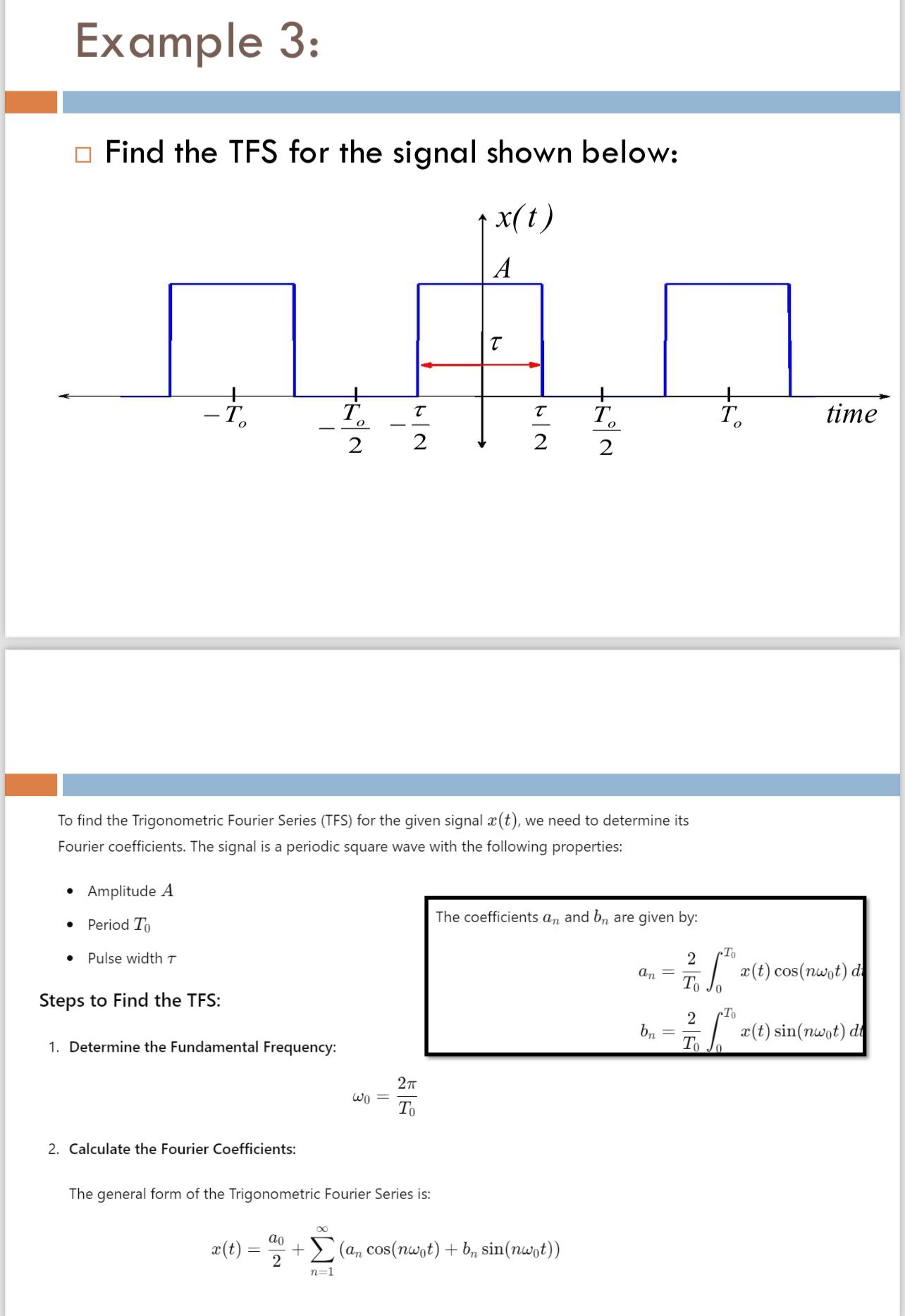 Solved Example 3:Find the TFS for the signal shown below:To | Chegg.com
