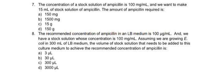 Solved 7. The concentration of a stock solution of | Chegg.com