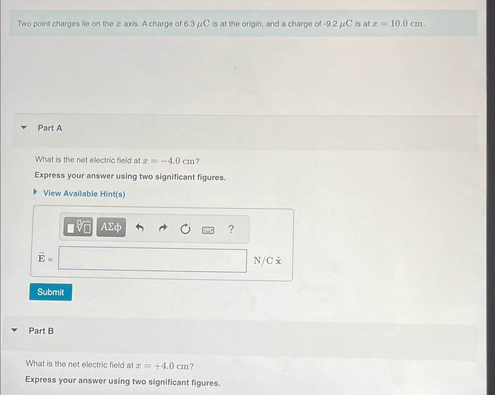 Solved Two point charges lie on the x ﻿axis. A charge of | Chegg.com