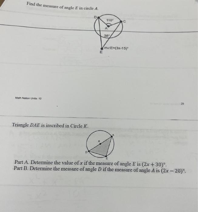 Solved Find the measure of angle E in circle A. Math Nation | Chegg.com
