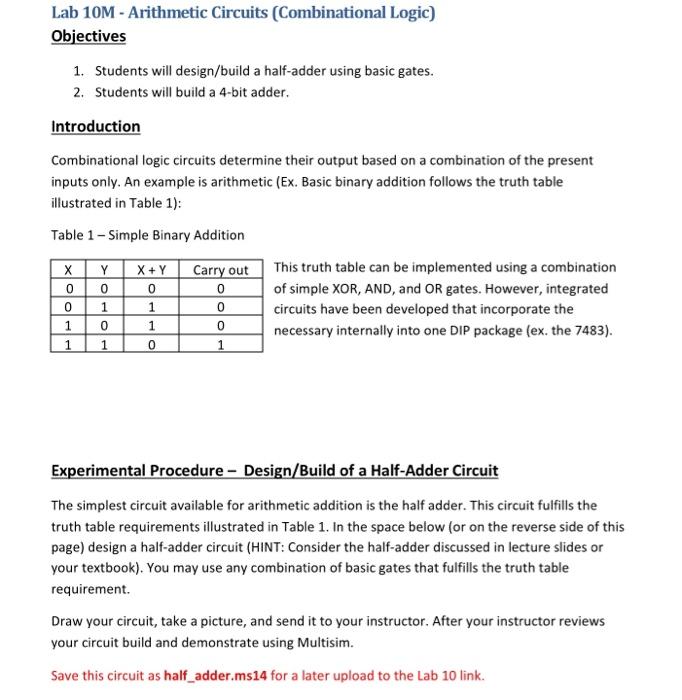 Solved Lab 10M - Arithmetic Circuits (Combinational Logic) | Chegg.com