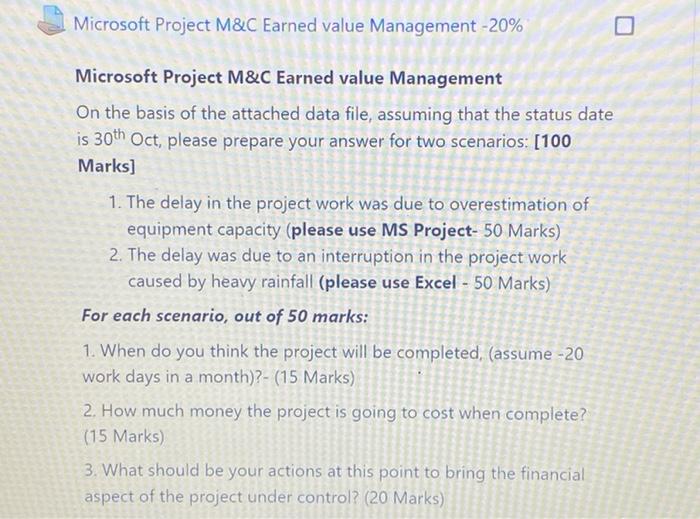 Solved Microsoft Project M\&C Earned value Management - 20% | Chegg.com