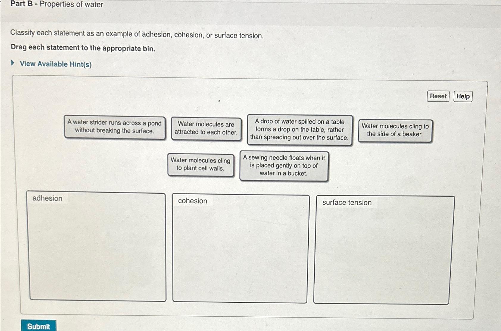 Solved Part B - ﻿Properties of waterClassify each statement | Chegg.com
