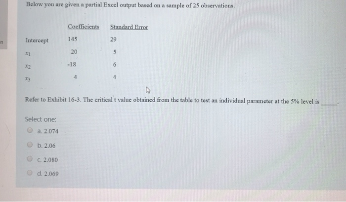 Solved Below You Are Given A Partial Excel Output Based On A