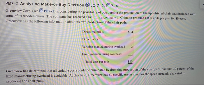 Solved PB7-2 Analyzing Make-or-Buy Decision LO 7-2, 7-4 | Chegg.com