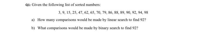 Solved Q1: Given the following list of sorted numbers: | Chegg.com