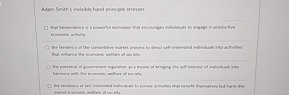 Solved Adam Smith's invisible hand principle stressesq,that | Chegg.com