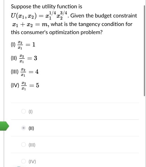 Solved Suppose the utility function is 1/4 3/4 U(x₁, x2) = | Chegg.com