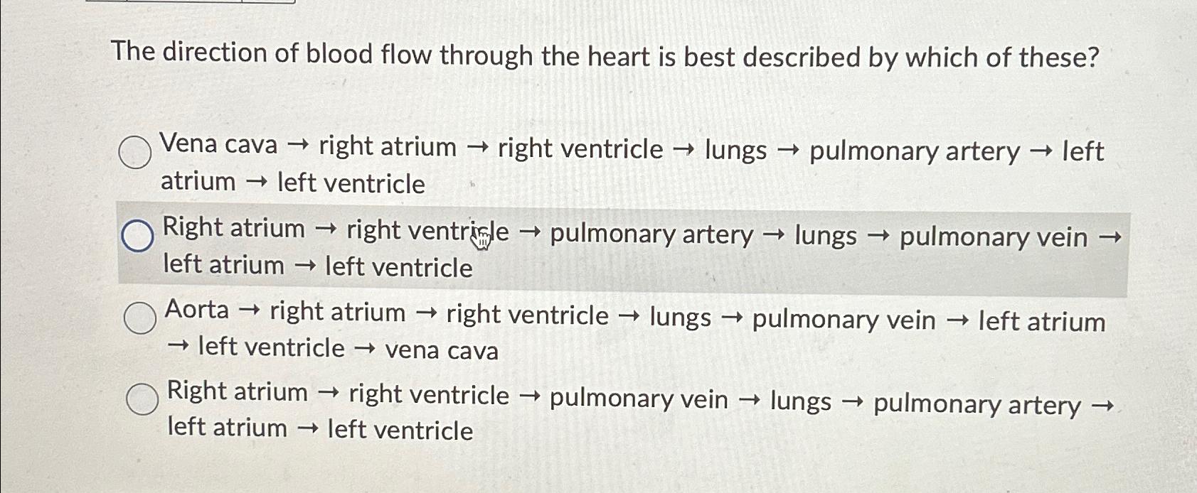 Solved The direction of blood flow through the heart is best | Chegg.com