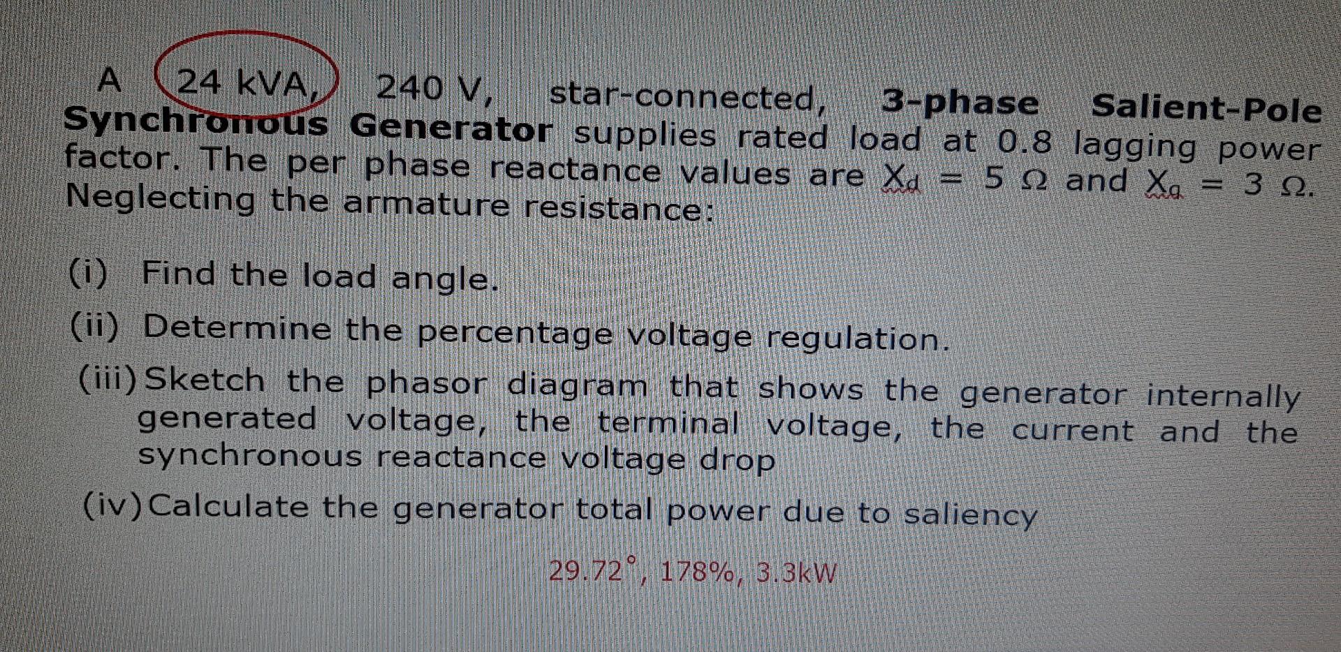 Solved A 24kva 240 V Star Connected 3 Phase Salient Pole