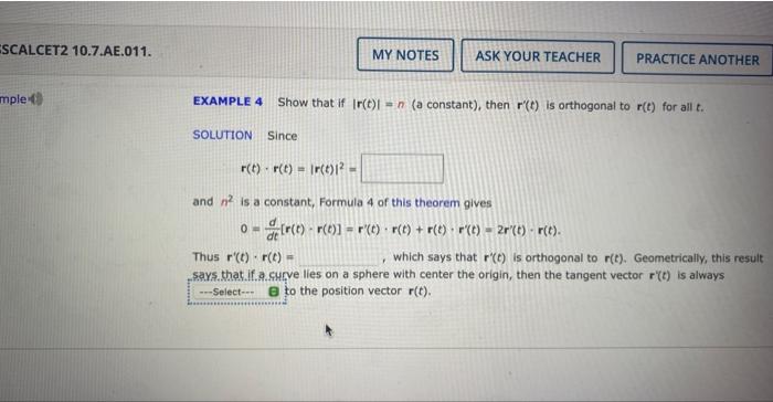 Solved EXAMPLE 4 Show that if ∣r(t)∣=n (a constant), then | Chegg.com