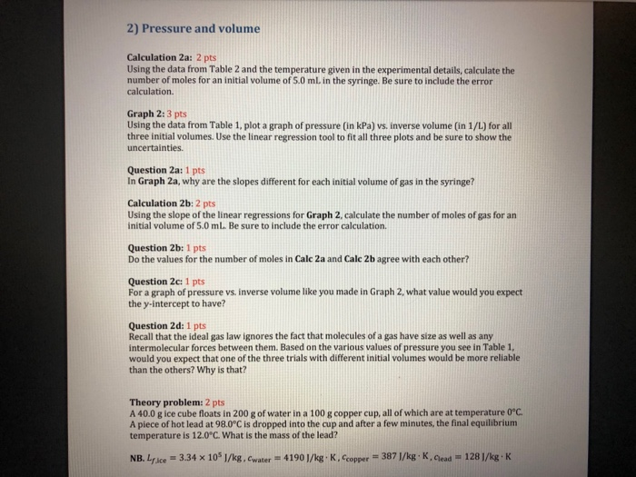Solved 2) Pressure and volume Calculation 2a: 2 pts Using | Chegg.com