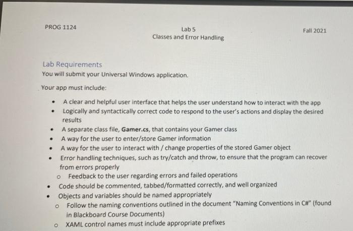 PROG 1124 Lab 5 Fall 2021 Classes and Error Handling | Chegg.com