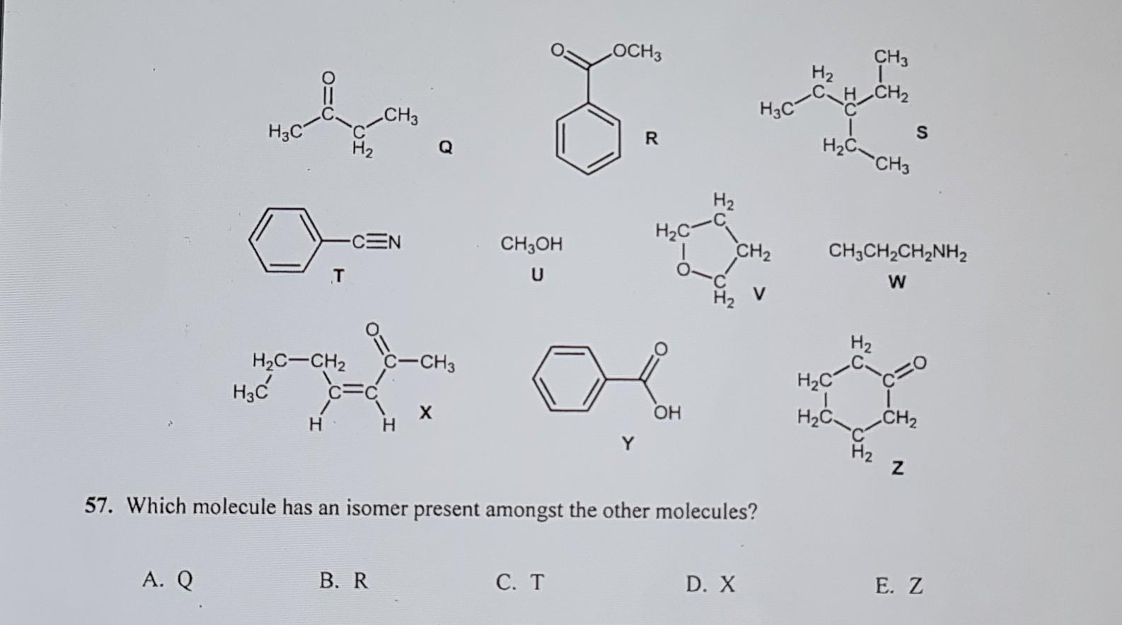 Solved CH3OH U CH3CH2CH2NH2 W Y 57. Which molecule has an | Chegg.com
