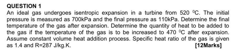 Solved QUESTION 1 An ideal gas undergoes isentropic | Chegg.com