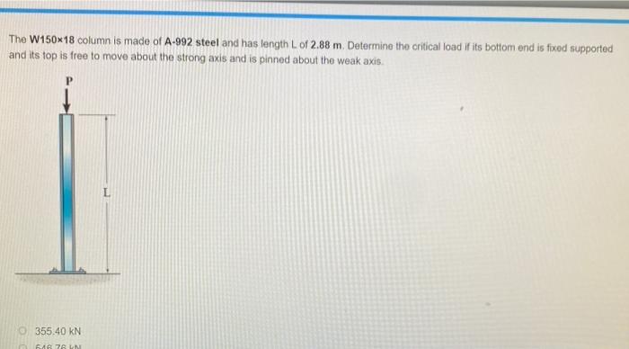 Solved The W150x18 column is made of A-992 steel and has | Chegg.com