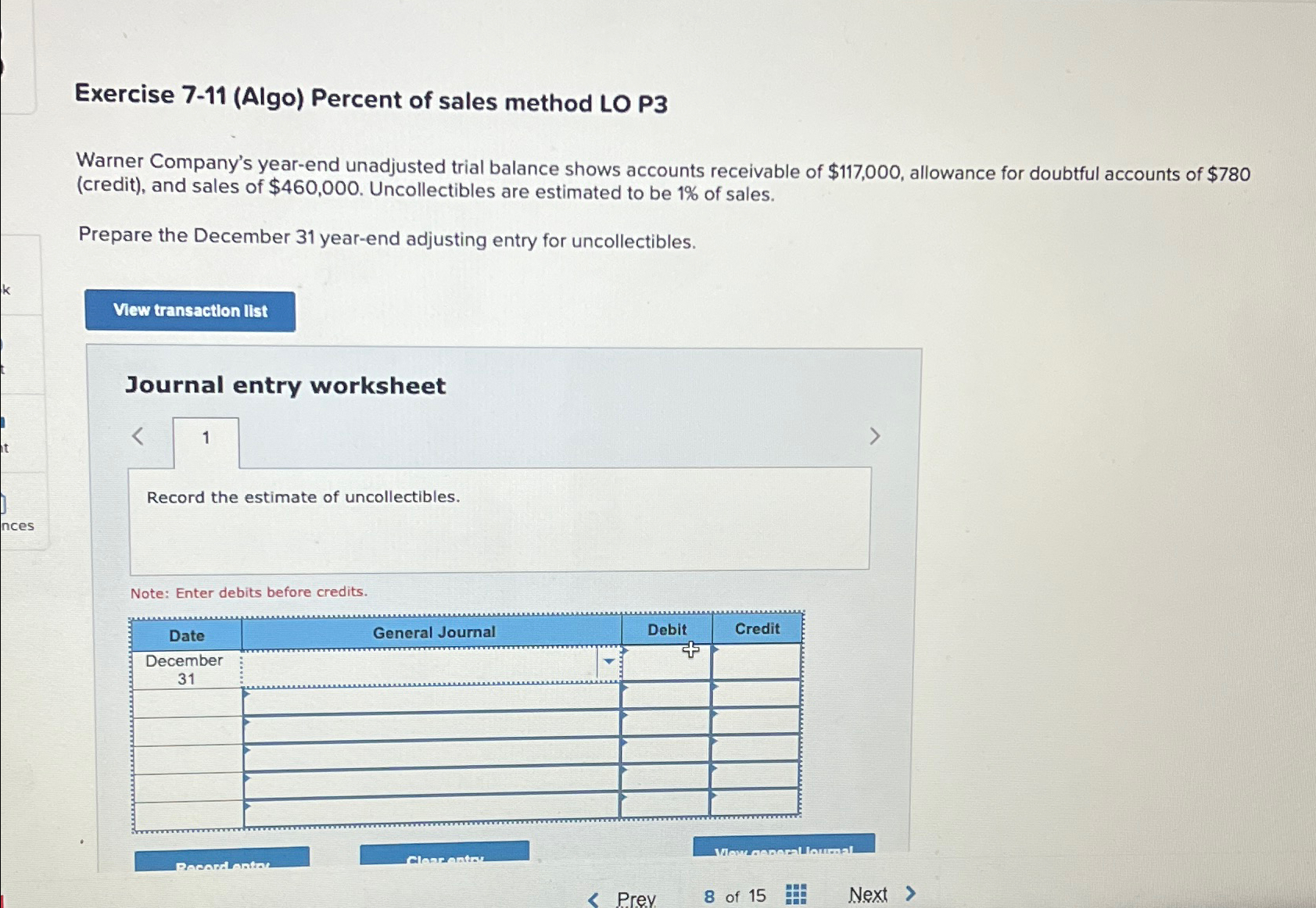 Solved Exercise 7-11 (Algo) ﻿Percent of sales method LO | Chegg.com