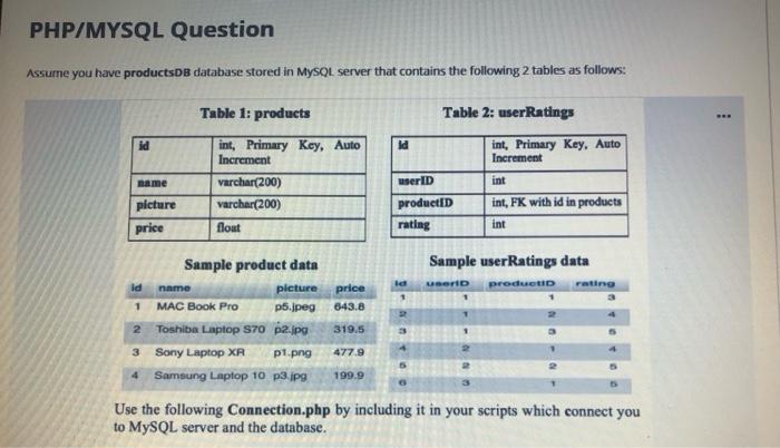 Solved PHP/MYSQL Question Assume you have productsDB | Chegg.com