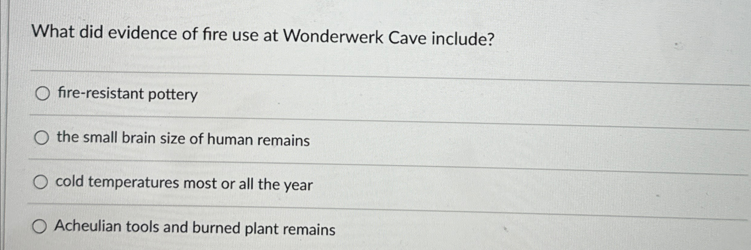 Solved What did evidence of fire use at Wonderwerk Cave | Chegg.com