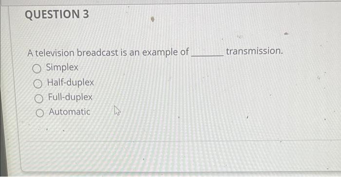 Solved A television broadcast is an example of transmission. | Chegg.com