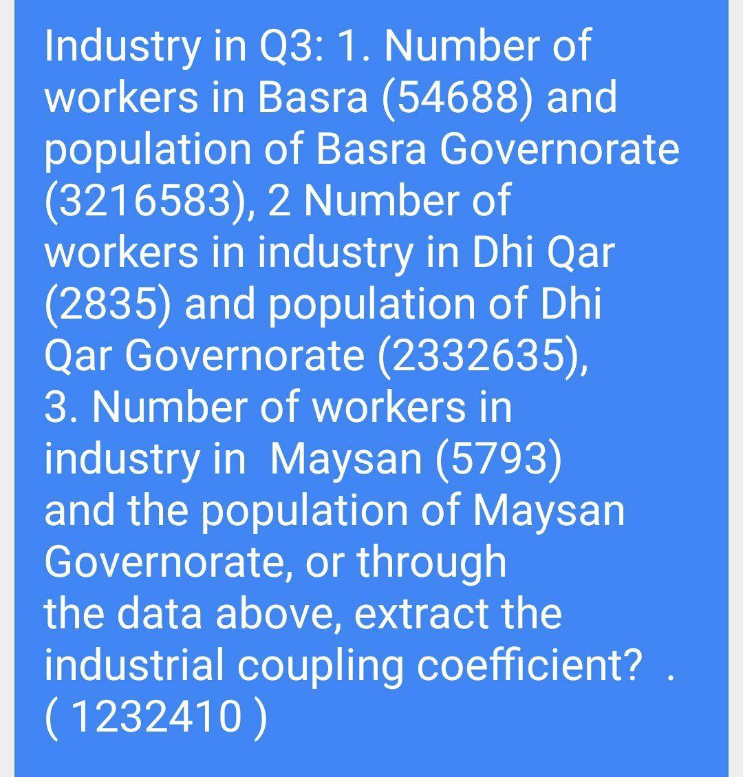 Industry in Q3: 1. Number of workers in Basra (54688) | Chegg.com