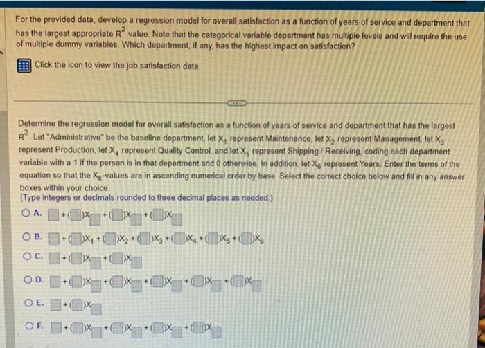Solved For the provided data, develop a regression model for | Chegg.com