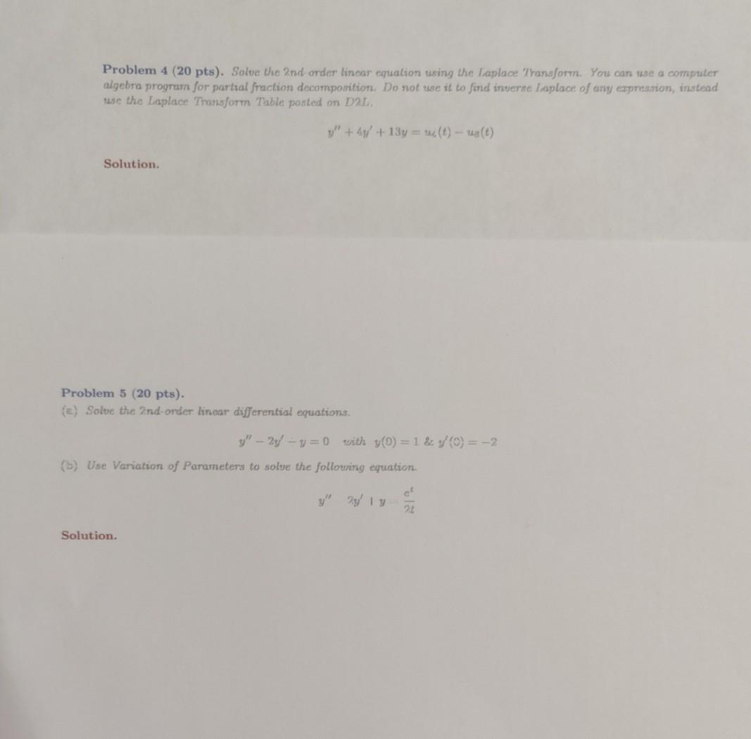 Solved Problem 4 (20 pts). Solve the 2nd order linear | Chegg.com