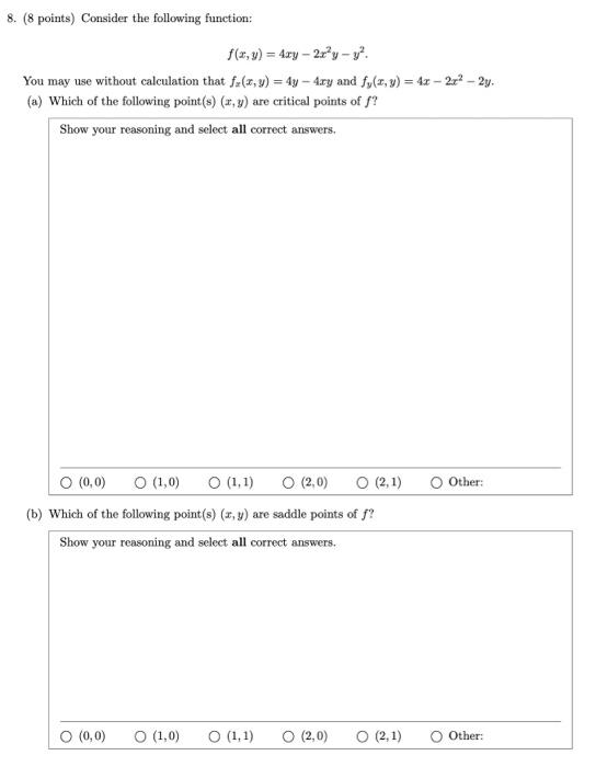 Solved 8 8 Points Consider The Following Function 