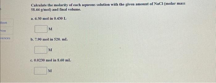 Solved Calculate the molarity of each aqueous solution with | Chegg.com