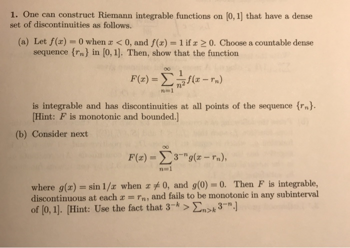 Solved 1. One can construct Riemann integrable functions on | Chegg.com