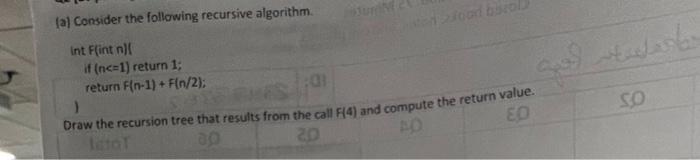 Solved (a) Consider the following recursive algorithm. int | Chegg.com