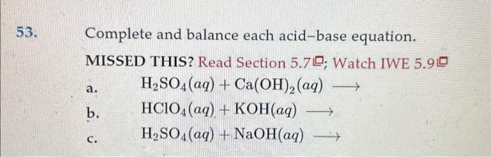 Solved Complete and balance each acid-base equation. MISSED | Chegg.com