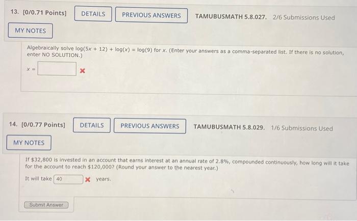 Solved Algebraically solve log(5x+12)+log(x)=log(9) for x. | Chegg.com