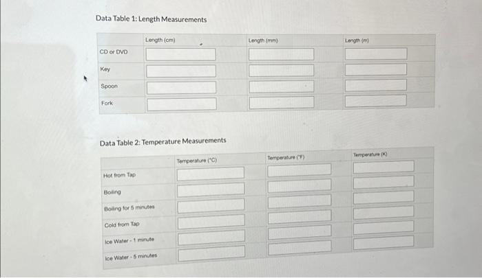 Data Table 1: Length Measurements Data Table 2: | Chegg.com Data Table 1: Length Measurements Data Table 2: | Chegg.com