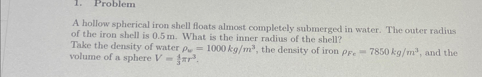 Solved A hollow spherical iron shell floats almost | Chegg.com