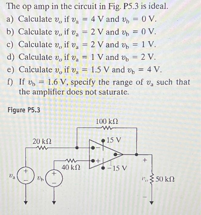 Solved The op amp in the circuit in Fig. P5.3 is ideal. a) | Chegg.com