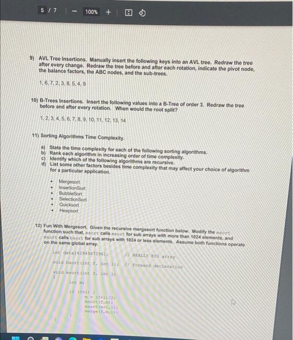 Solved 517 100% + @ 9) AVL Tree Insertions. Manually insert | Chegg.com
