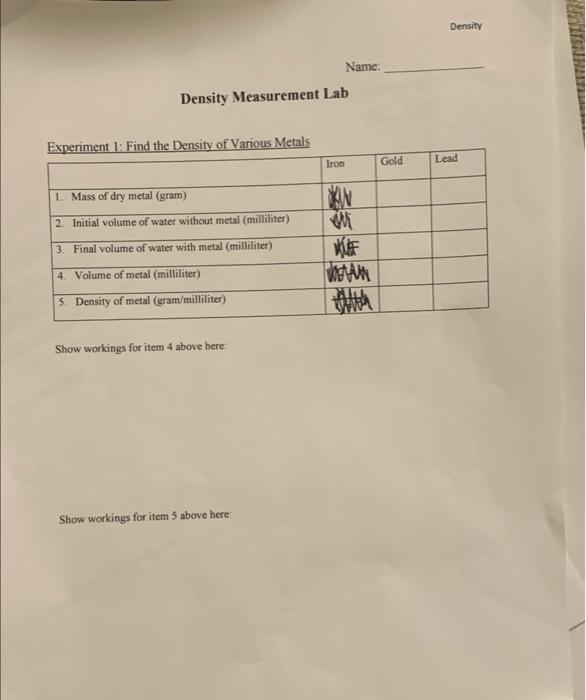 Solved Density Name: Density Measurement Lab Experiment 1: | Chegg.com