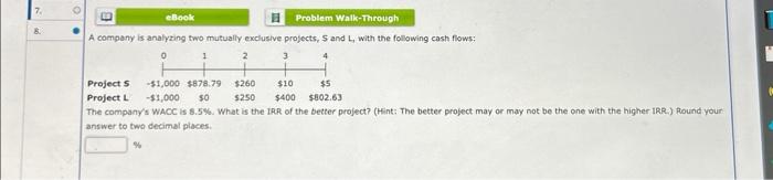 Solved Project 5 Project L The company/s WACC is 8.5%. What | Chegg.com