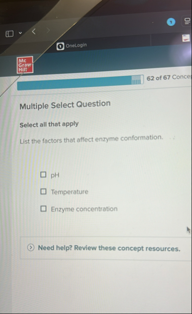 Solved OneLoginMcGrawHil!62 ﻿of 67 ﻿ConceMultiple Select | Chegg.com