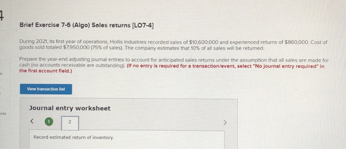 Solved 1 Brief Exercise 7-6 (Algo) Sales returns (L07-4] | Chegg.com