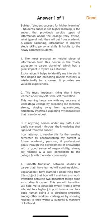 Solved Answer 1 of 1 Done Subject student success for higher | Chegg.com