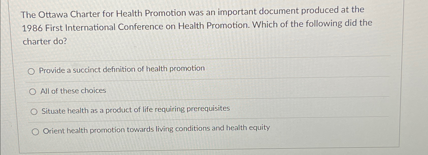 Solved The Ottawa Charter for Health Promotion was an | Chegg.com
