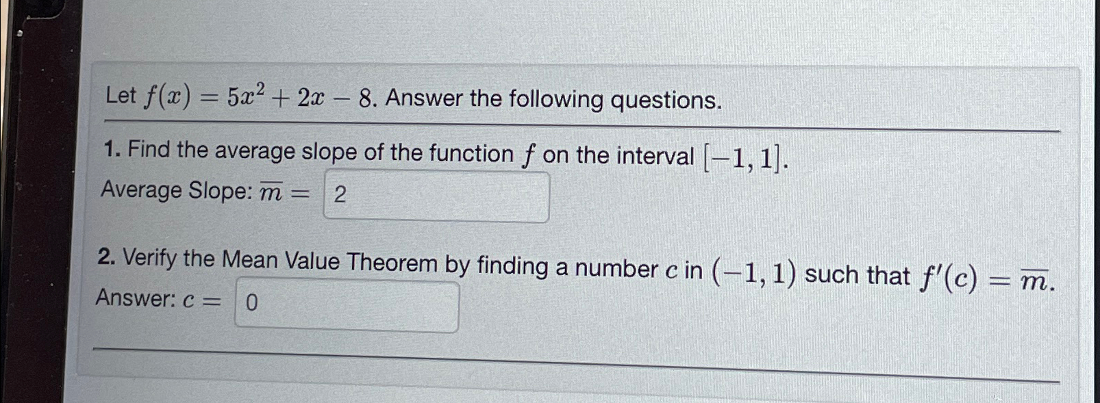 Solved Let f(x)=5x2+2x-8. ﻿Answer the following | Chegg.com