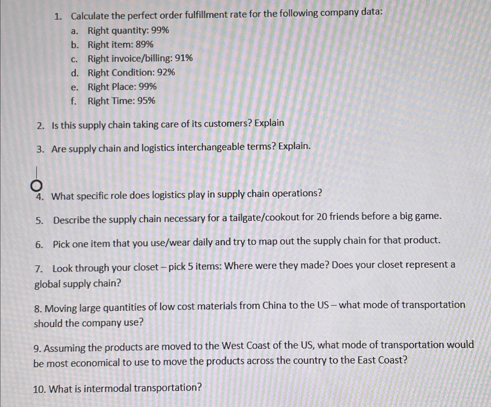 Solved Calculate the perfect order fulfillment rate for the | Chegg.com