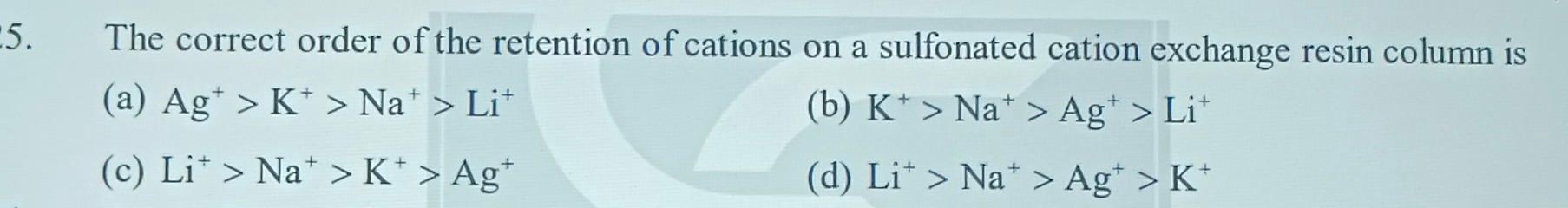 Solved The correct order of the retention of cations on a | Chegg.com