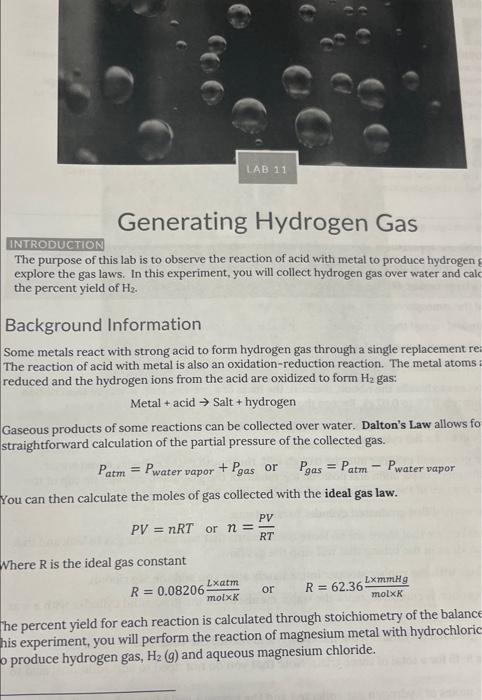 Solved LAB 11 Generating Hydrogen Gas INTRODUCTION The | Chegg.com